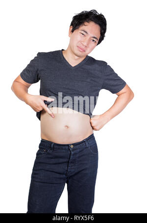 fat man pointing at his belly isolated on white background Stock Photo ...