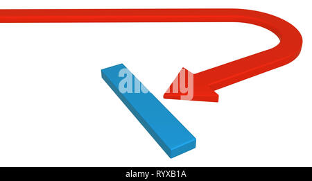 Red symbolic arrow blue block path, 3d illustration, horizontal, over ...