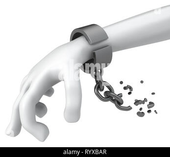 Cartoon arm with shackle breaking white 3d illustration, isolated ...