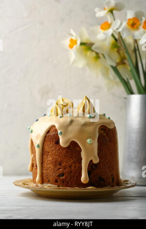 Kulich, Russian easter yeast sweet bread decorated with icing on wooden ...