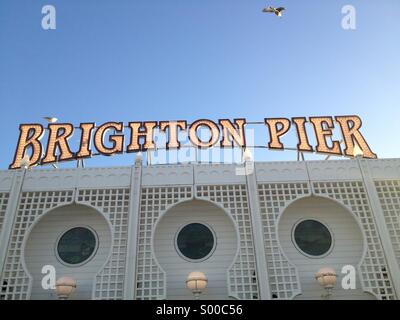Brighton Pier entrance sign, Brighton, East Sussex, England Stock Photo ...