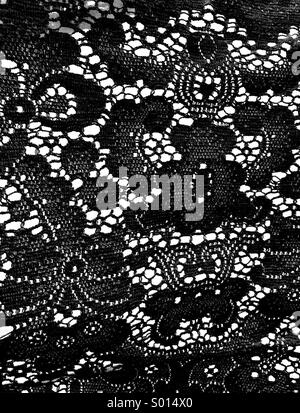 pattern of black lace fabric with floral motif against white background ...