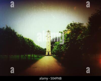 Blackpool Tower and Cocker Clock Tower in Stanley Park seen from across ...