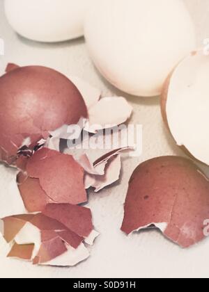 Peeled hard boiled egg with shells, two whole eggs and chives on ...