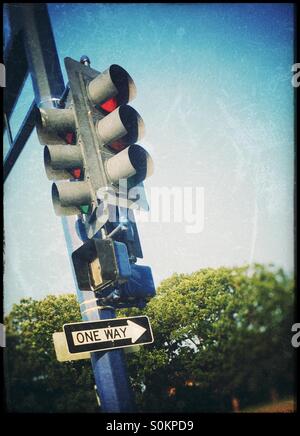 Traffic light with red arrow and one way sign with trees in the ...
