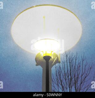 An ornate street lamp with double light made of wrought iron, in a ...