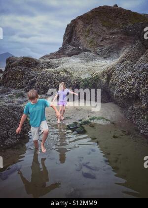 Two children exploring rock pools together in New Zealand Stock Photo ...