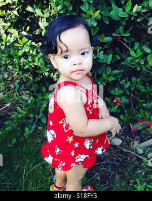 Little asian girl in red dress holding fishing equipment in the forest, Rural Thailand living ...
