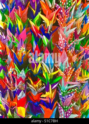 Colourful paper crane birds Origami paper hanging at Buddhist temple or ...