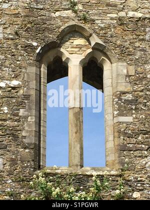 Castle window in a medieval style. Double arched window on a facade of ...