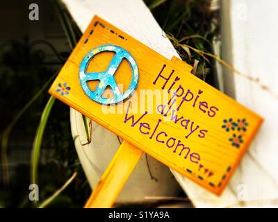 Hippies always welcome says sign on Tinker Street in Woodstock New York ...