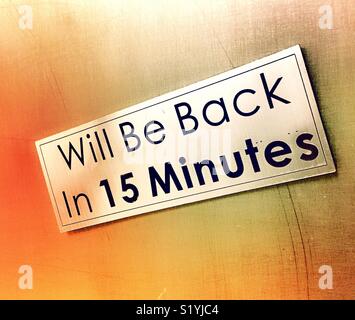 Will be back in 15 minutes sign on business door, United States Stock ...