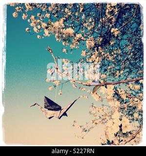 A paper origami bird hanging from a blossoming tree in spring Stock ...