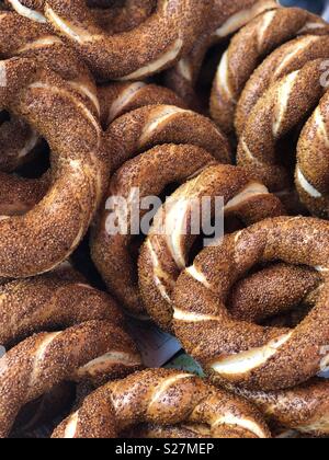 Simit. Traditional Turkish food simit. Street food of Turkey. Group of ...