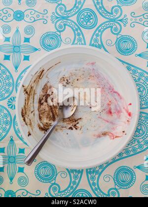 Top view of dessert empty plate on dark background. Yummy chocolate ...