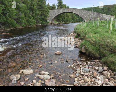A stone bridge over a small river flowing in country. An autumn ...