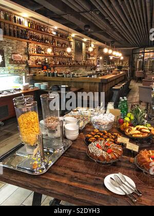 Cozy wooden interior breakfast buffet setup, Zermatt, Switzerland Stock ...