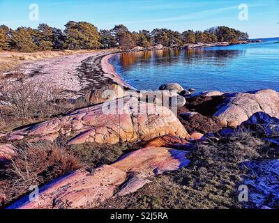 Beach at the idyllic island of Sandhamn in the archipelago of Stockholm ...