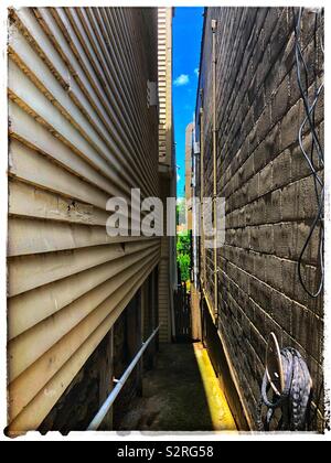 Narrow space between two buildings as seen from The High Line, New York ...