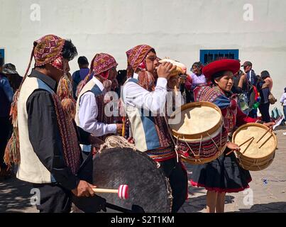 Inti Raymi, festival of the sun, musicians with drums and siku, pan ...