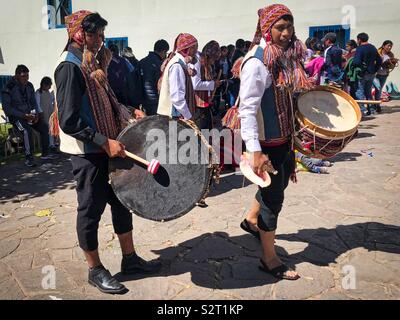 Inti Raymi, festival of the sun, musicians with drums and siku, pan ...