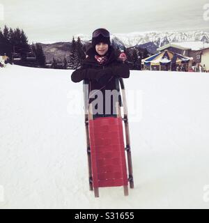 Ten year old boy at Semmering ski resort, Lower Austria, Viennese alps ...