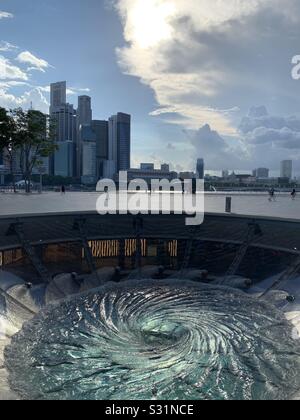 A whirlpool water feature at Marina Bay looking towards the financial ...