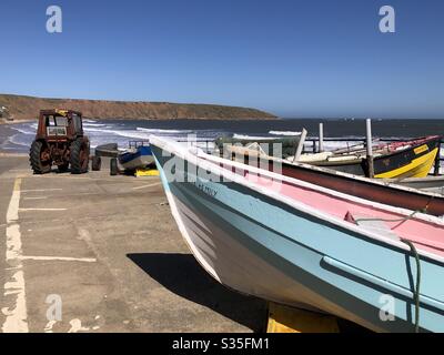 Fishing boats on the Coble Landing, Filey, North Yorkshire, England, UK ...