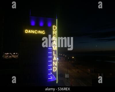 Dreamland Margate’s Neon Sign lit up at night illuminating this famous ...