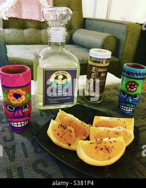 Mezcal Mexican drink with worm salt isolated on white background Stock ...