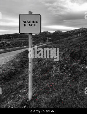 Passing place sign on single track road A838 on North and West ...