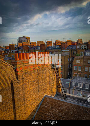 The London skyline, Chelsea chimneys and roof tops in the foreground ...