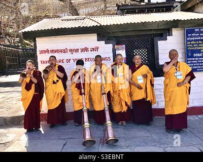 Buddhist monks playing traditional instruments, Ladakh Jo Khang Temple ...