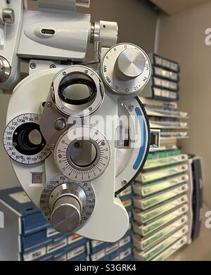 Close up of phoropter eyesight measurement testing machine, Eye health ...