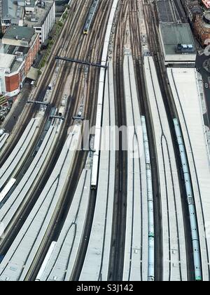 Aerial of London Bridge Station platforms and rail tracks towards South ...