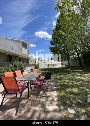 A wide view of a backyard and patio in the summertime in Utah, USA ...