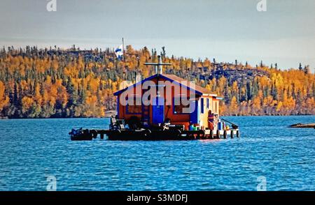 Floating summer cabin, autumn colours, fall, forest, lakeside ...