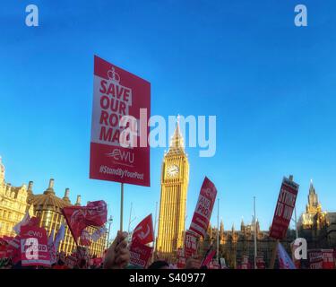Save Our Royal Mail placard with Parliament in the background during ...