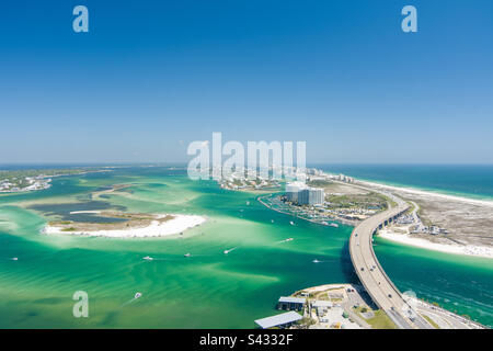 Aerial view of Perdido Pass bridge and the beach in Orange Beach ...