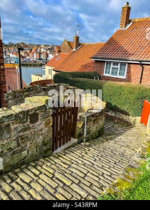 View of Whitby and River Esk from high bridge, North Yorkshire, England ...
