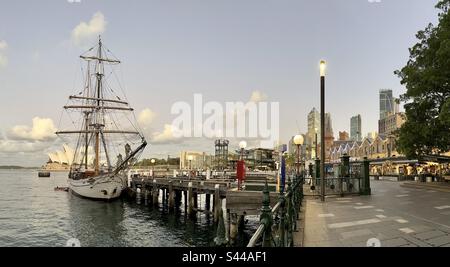 Sailing Ship Soren Larsen alongside in Campbell’s Cove Sydney, with the ...