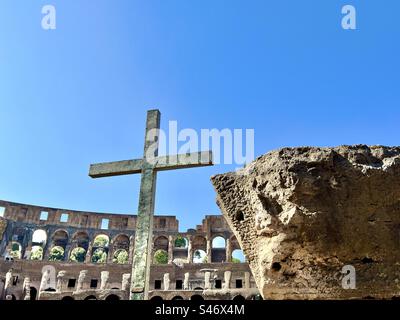 Christian cross in the Colosseum, Rome, spectacular ruins from the days ...