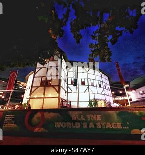 The Shakespeare's Globe Theatre illuminated at Night, London, Uk Stock ...