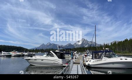 Colter Bay Village Marina boat dock on Jackson Lake with the snowcapped ...