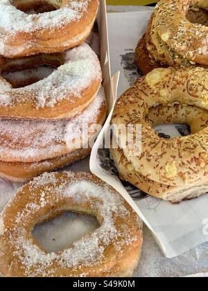 Koulouria, the traditional Greek sweet bread, on display at a local ...
