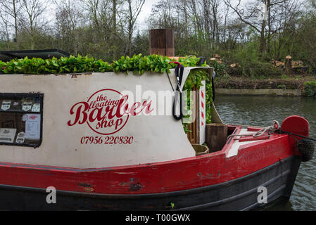 The Floating Barber Shop - a barber shop on a canal boat moored on ...