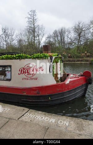 The Floating Barber Shop - a barber shop on a canal boat moored on ...