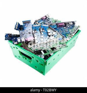 Computer parts ready for recycling on white background (Motherboard ...