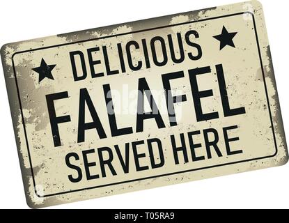 delicious falafel served here grungy vintage metal web sign isolated ...