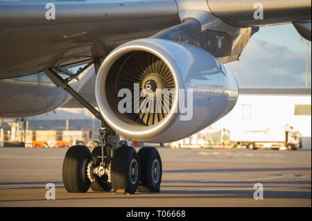 Jet engine, Airbus A340 turbine, an Airbus A380 on a runway at the back ...